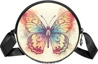 Generic Sac &agrave; bandouli&egrave;re rond pour femme, motif papillon vintage, petit sac &agrave; bandouli&egrave;re avec fermeture &eacute;clair, bretelles r&eacute;glables, sac &agrave; main rond d&eacute;contr