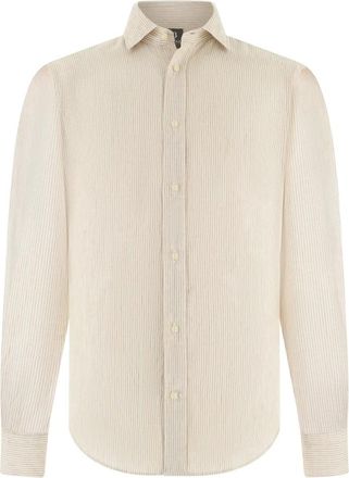 Boggi Milano Homme, Chemises, Beige, Taille: 2XL Chemise &agrave; Rayures en Lin Col Ferm&eacute; Coupe R&eacute;guli&egrave;re
