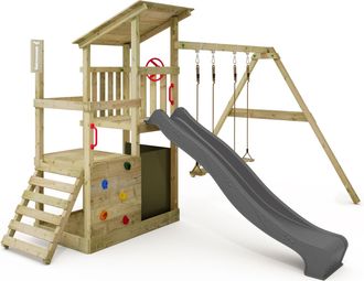 Fatmoose Spielturm Kletterger&uuml;st FruityForest Fun XXL mit Schaukel & anthraziter Rutsche, Outdoor Kinder Kletterturm mit Sandkasten, Leiter & Spiel-Zubeh&ouml;r f&uuml;r