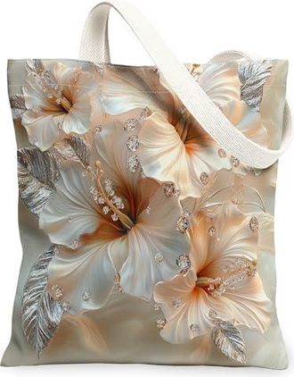 Generic Sac fourre-tout en toile avec fleurs dhibiscus printanier pour le shopping, 33 x 38,1 cm, style 3D, motif floral de luxe, sac d&eacute;picerie r&eacute;utilisable, 