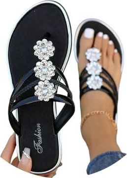 Generic Tongs scintillantes, sandales plates scintillantes pour femme, sandales &agrave; strass &agrave; paillettes, tongs antid&eacute;rapantes, chaussures &agrave; bout ouvert pour fem