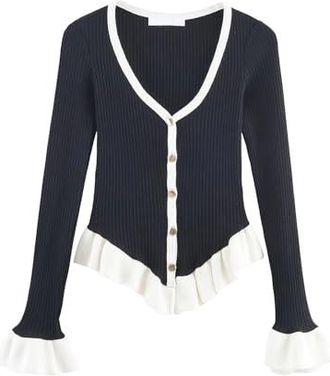 Generic Pull r&eacute;tro &agrave; col en V contrast&eacute; &agrave; manches longues en tricot cor&eacute;en pour femme, noir, Taille XS