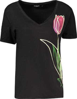 Desigual Tulpen-V-Ausschnitt-T-Shirt mit kurzen &Auml;rmeln - - Tops - Damen - Schwarzk - L