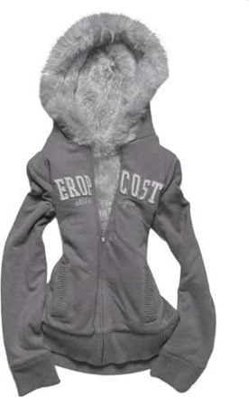 ORANDESIGNE Sweat &agrave; Capuche Femme R&eacute;tro D&eacute;contract&eacute; Manteau Long Ajust&eacute; avec Fermeture &Eacute;clair et Col en Fausse Fourrure Y2k Sweatshirt Chic A Gris M