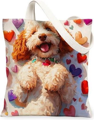 Generic Labradoodle Sac fourre-tout en toile pour faire du shopping 33 x 38,1 cm, sac &agrave; bandouli&egrave;re r&eacute;utilisable en forme de coeur mignon pour femme, peinture