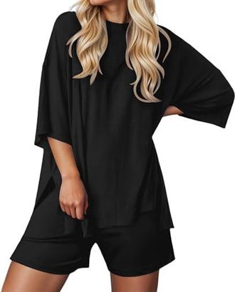 Generic Ensemble 2 pi&egrave;ces pour femme - Chemises surdimensionn&eacute;es d&eacute;contract&eacute;es d&eacute;t&eacute; 2026 avec short de motard - Tenue de voyage assortie, Noir, 3XL