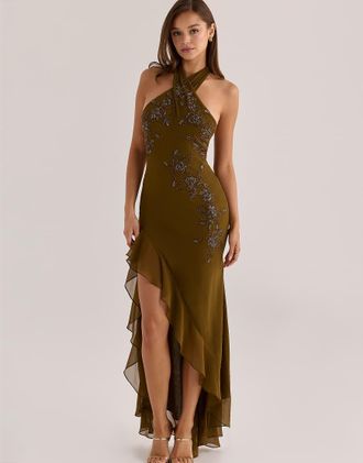 House of CB Raquel - Robe longue en georgette &agrave; dos nu et ornements r&eacute;alis&eacute;s &agrave; la main - Sauge-Vert