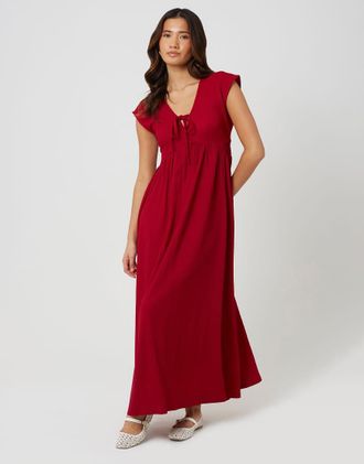Brave Soul Midikleid aus strukturiertem Jersey in Rot mit V-Ausschnitt und Bindedetail