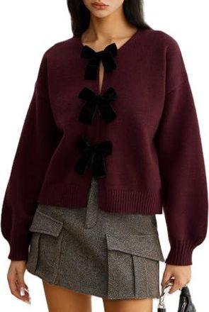 Generic Cardigan &agrave; nouer sur le devant pour femme avec joli noeud papillon &agrave; manches longues et col rond - Veste tricot&eacute;e Y2k - Tenue de sortie - Pull de No&euml;l