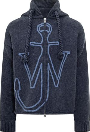 J.W.Anderson Homme, Pulls, Bleu, Taille: S Anchor Embroidery Zipped Sweat &agrave; capuche