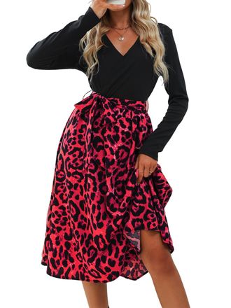 Cupshe Damen Kleid V Ausschnitt Langarm Taillenschn&uuml;rung Leoparden A Linien Partykleid Freizeitkleider L&auml;ssige Wrap Midi Dress Rotes Leopardenmuster XL