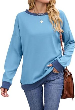 Generic Sweat-shirt d&eacute;contract&eacute; &agrave; blocs de couleurs pour femme, coupe ample, l&eacute;ger, manches longues, bordure c&ocirc;tel&eacute;e, tendance, bleu, XXL