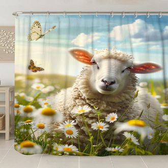 Generic Duschvorhang mit Schafen, Fr&uuml;hlingsblumen, Badezimmer-Dekor mit Schmetterlingen, moderner Bauernhaus-Stil, wasserdichter Stoff-Duschvorhang mit Haken,