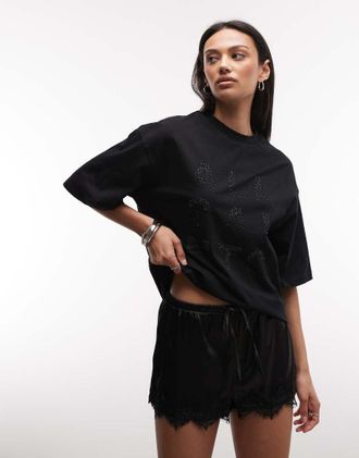 AllSaints Stacks Amelie - T-Shirt in Schwarz mit verziertem Logo