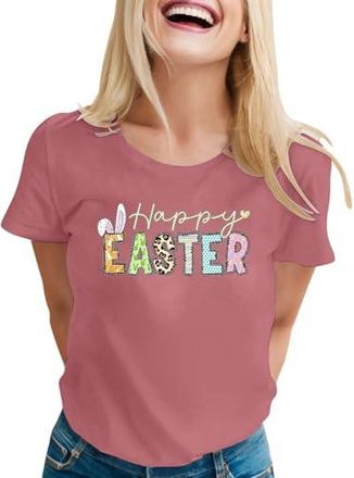 Generic T-shirt d&eacute;contract&eacute; pour femme - Imprim&eacute; P&acirc;ques - Col rond - Manches courtes, Rose, XXL