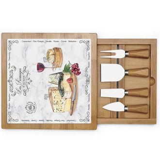 Easy Life Käseschneidebrett aus Glas und Bambus mit 4 Vintage-Messern Les Fromages 25,5 x 25,5 cm