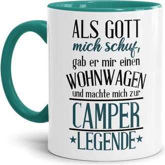 Tassendruck Kaffee-Tasse mit Spruch für Camper - Camperlegende - Campertasse/Campingbecher/Geschenkidee für Camper - Innen & Henkel Türkis