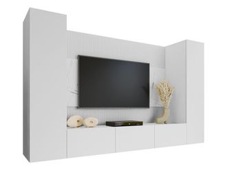 Mirjan24 Wohnwand Deromi V, Anbauwand mit Wandpaneele und TV-Lowboard, Akustikplatten, Fernsehschrank, Schrankwand, Mediawand, 2X H&auml;ngeschrank (Wei&szlig; + Wei&szlig; Mar