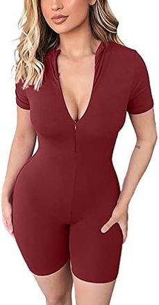 Generic Combinaison Noir Moulante Combinaison à Manches Courtes pour Femmes Body Bodycon Shorts Couleur Unie Extensible Romper Robe Fashion Femme (RD2, L)