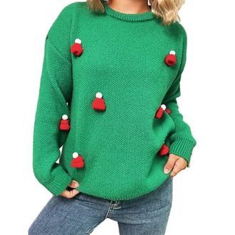 Generic Pull de Noël pour femme avec bonnet de Père Noël 3D - Col rond - Pull tricoté amusant à manches longues, Vert, L