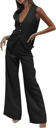 Minetom Tailleur 2 Pièces Femme Ensemble sans Manches Blazer Couleur Unie Gilet Haut Top et Pantalon Survêtement Ensemble 2pcs D Noir L