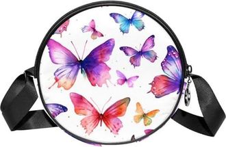 Generic Sac &agrave; bandouli&egrave;re rond pour femme, motif papillons aquarelle, petit sac &agrave; bandouli&egrave;re avec fermeture &eacute;clair, bretelles r&eacute;glables, sac &agrave; main rond d&eacute;co