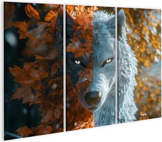 Islandburner Bild auf Leinwand Wolf umgeben von herbstlichen Blättern Bilder Wandbilder Poster