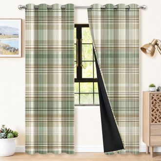 Generic Verdunkelungsvorhang Schlichtes Klassisches KaroGestreift, Br&auml;unlich Gr&uuml;n W&auml;rmeisolierte Blickdichte Vorh&auml;nge mit &Ouml;sen f&uuml;r Wohnzimmer Schlafzimmer, H 