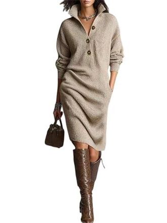 Generic Robe chandail midi &agrave; manches longues et col en V boutonn&eacute; pour femme - Robe chandail en tricot c&ocirc;tel&eacute; avec poches, kaki, XXL