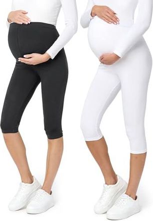 Be Mammy Leggings de maternité en Coton 3/4 Courts Confortables et Opaques 3/4 Pantacourt Pantalon Grossesse Maternité 2Pack BE20-229 (2Pack Noir/Blanc XXL)