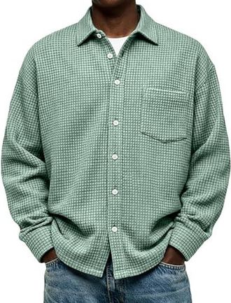 Generic Chemise boutonn&eacute;e &agrave; manches longues pour homme - Chemise gaufr&eacute;e &agrave; revers avec poche - Coupe d&eacute;contract&eacute;e - Chemisier daffaires urbain &eacute;l&eacute;gant - Haut 