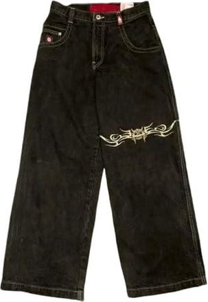 ORANDESIGNE Jeans Y2K Homme Taille Basse Printed Pants Pantalon Unisexe Pantalon Cargo Décontracté Imprimé Hippie Streetwear S Noir XS