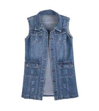 Generic Gilet en jean pour femme - Printemps &agrave; simple boutonnage poche sans manches Jean v&ecirc;tements dext&eacute;rieur, bleu, XS