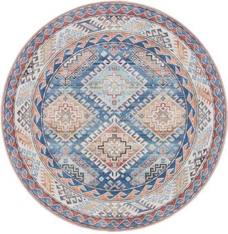 benuta Basic Waschbarer Teppich George - Blau 160 cm Rund - Kunstfaser - Rund & im Style: Vintage, Elegant, Retro - Pflegeleicht für Wohnzimmer Schlafzimmer