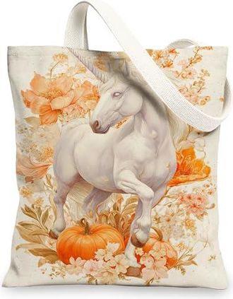 Generic Sac fourre-tout fantaisie en toile motif cheval magique, sac à provisions réutilisable, léger et lavable avec bandoulière, blanc, 13x15 Inch