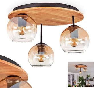 HOFSTEIN Deckenleuchte Koyoto, Deckenlampe aus Metall/Holz/Glas in Schwarz/Natur/Bernsteinfarben/Klar, Leuchte im modernen Retro/Vintage-Design mit Schirmen au