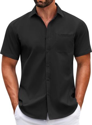 Coofandy Kurzarm Hemd Herren Sommer Casual Businesshemden Regular Fit Button Down Basic Hemden Shirt mit Tasche Schwarz XXXL