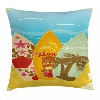 Generic Pillow Cases Tiki-Bar, Hawaiianischer Strand, Surfbretter Im Sand, Exotischer Sommerurlaub, Sport, Vintage-Stil Kissenh&uuml;lle Throw Pillow Covers Fashio