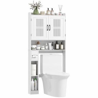 HOMCOM Meuble WC dessus de toilette/machine &agrave; laver avec placard &agrave; porte double, &eacute;tag&egrave;re r&eacute;glable, meuble toilettes WC rangement armoire salle de bain avec n