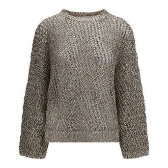 Brunello Cucinelli Pull-over en maille ajour&eacute;e en soie et lin Dazzling Chin&eacute; - Femme - Pulls - Gris - Taille: 38 FR