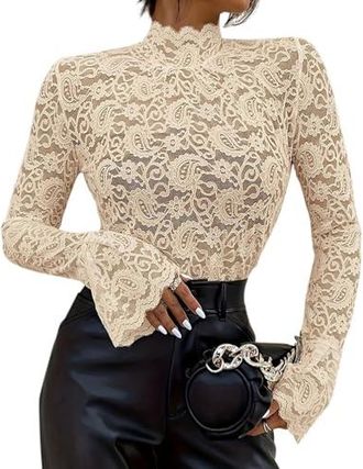 Minetom Femme T-Shirt Manches Longues Dentelle Chemisier Moulant Shirt Transparente Blouse Couleur Unie Hauts Tops B Beige L