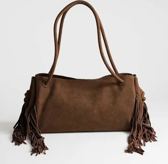 Topshop Maisie - Gro&szlig;e Schultertasche in Schokobraun mit Quasten aus echtem Leder