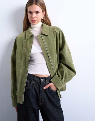 Topshop Veste zippée en imitation daim à surpiqûres - Vert