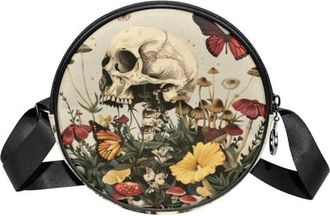 Generic Petit sac &agrave; bandouli&egrave;re circulaire pour femme, motif cr&acirc;nes, fleurs, petit sac &agrave; bandouli&egrave;re avec fermeture &eacute;clair, bretelles r&eacute;glables, sac &agrave; main ro