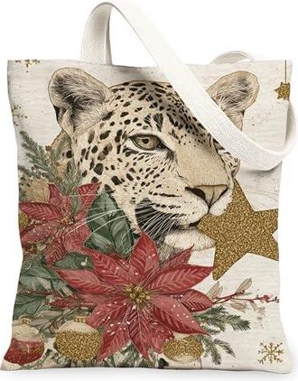 Generic Sacs fourre-tout en toile motif l&eacute;opard de No&euml;l, sacs d&eacute;picerie r&eacute;utilisables, l&eacute;gers et lavables avec bandouli&egrave;re Ca, Rouge, 13x15 Inch