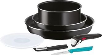 T-fal Ingenio Lot de 7 ustensiles de cuisine, Po&ecirc;les, Casserole et couvercle herm&eacute;tique, &Eacute;plucheur, Couteau doffice, Poign&eacute;e amovible, Design empilable, Com
