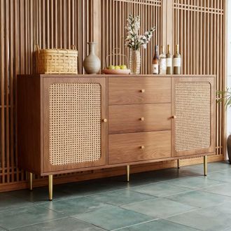 Generic 90x150x40 cm (HxBxT) Kommode in Nussbaum, mit 2 Rattantüren, 3 Schubladen und Verstellbarer Ablage für Wohnzimmer und Schlafzimmer