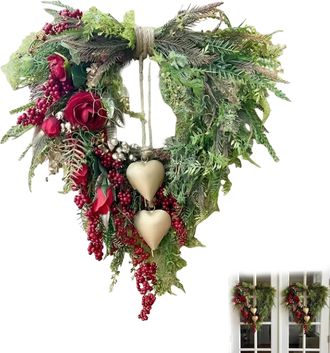 Generic Valentines Day Farmhouse Valentine Heart Wreath: Gold Bells, Red Roses & Berries, for Front Door, with Gold Foliage, Fabric Flowers & Vintage Heart Be