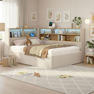 Liberte Lit coffre 90x200 velours avec LED, ports USB/USB-C, rangements t&ecirc;te/c&ocirc;t&eacute;, sommier inclus