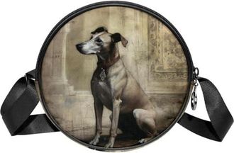 Generic Sac &agrave; bandouli&egrave;re rond pour femme, motif chien vintage, petit sac &agrave; bandouli&egrave;re avec fermeture &eacute;clair, bretelles r&eacute;glables, sac &agrave; main rond d&eacute;contract